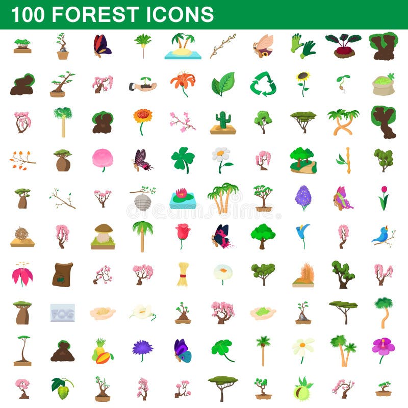 100 Forest Icons Set, Cartoon Style Stock Vector - Illustration of ...