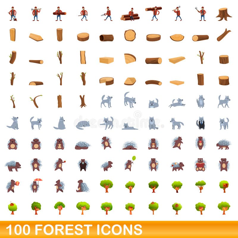 100 Forest Icons Set, Cartoon Style Stock Vector - Illustration of ...