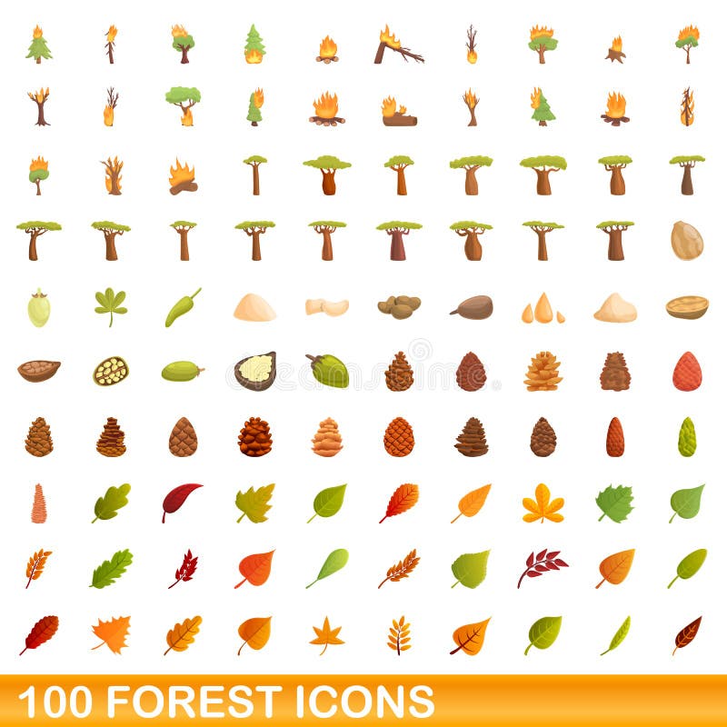 100 Forest Icons Set, Cartoon Style Stock Vector - Illustration of ...