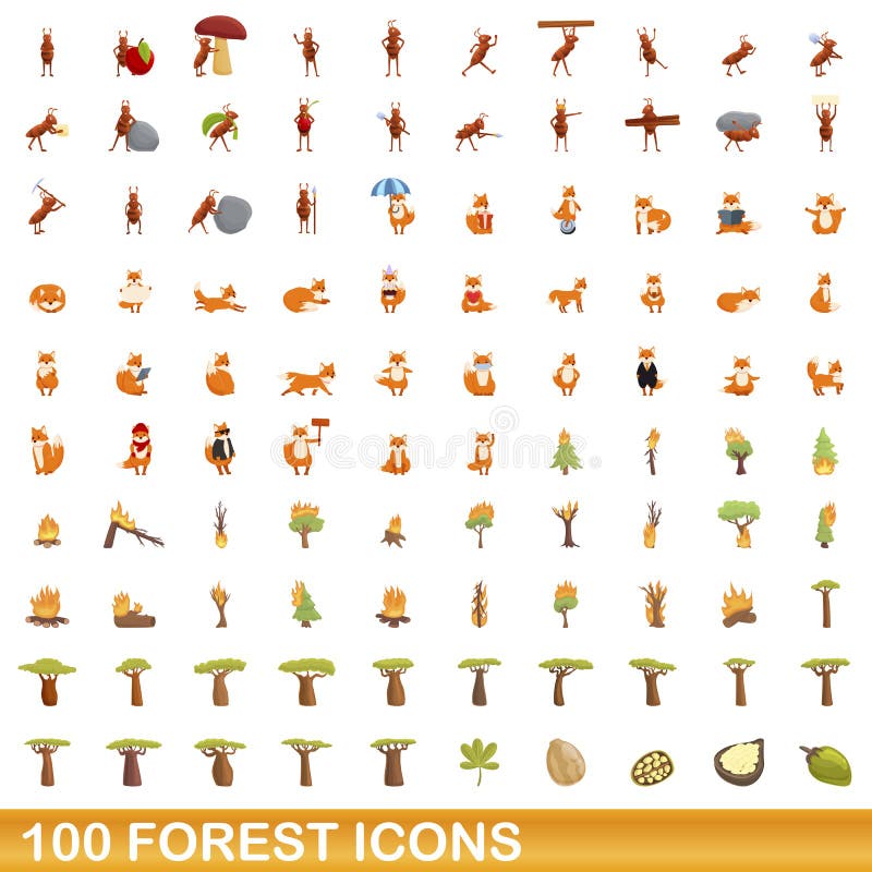 100 Forest Icons Set, Cartoon Style Stock Vector - Illustration of leaf ...