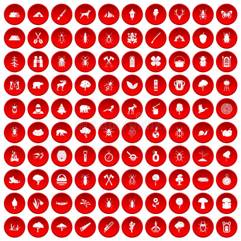 100 forest icons set red stock vector. Illustration of hunting - 96646626