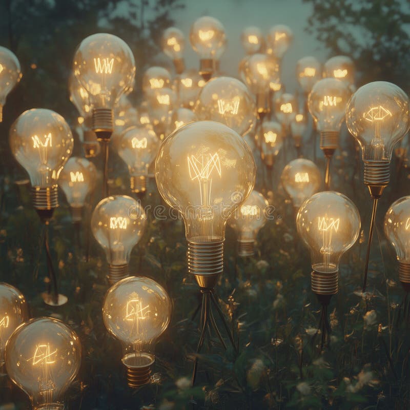 Forest of Ideas: Lightbulbs Suspended Above a Twilight Landscape Stock ...