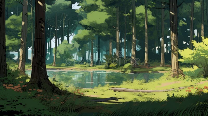 Professional Cartoon Style Forest with Large Canopy Tree and Beautiful ...