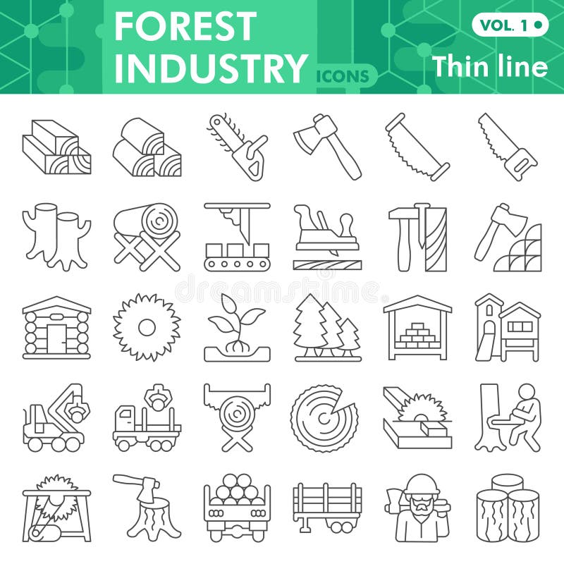 Forest Industry Symbols Collection or Sketches, Forestry Theme Bar in ...