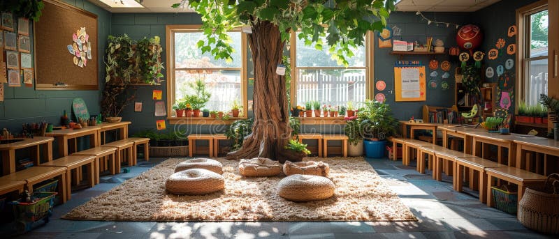 Forest-inspired Classroom with Tree Decals and Natural Materials Stock ...