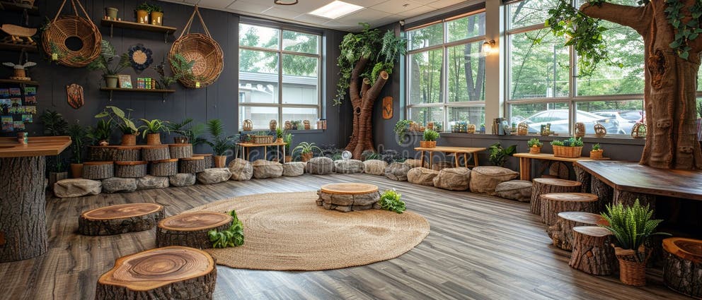 Forest-inspired Classroom with Tree Decals and Natural Materials Stock ...
