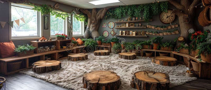 Forest-inspired Classroom with Tree Decals and Natural Materials Stock ...