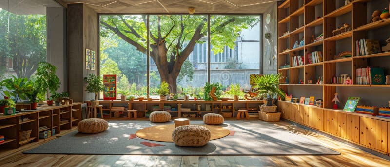 Forest-inspired Classroom with Tree Decals and Natural Materials Stock ...