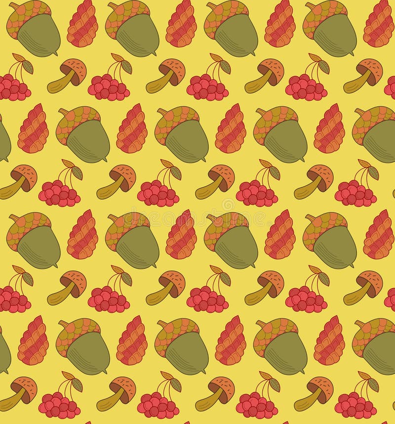 Forest Items Vector Seamless Pattern with Acorn, Cone, Mushroom and ...