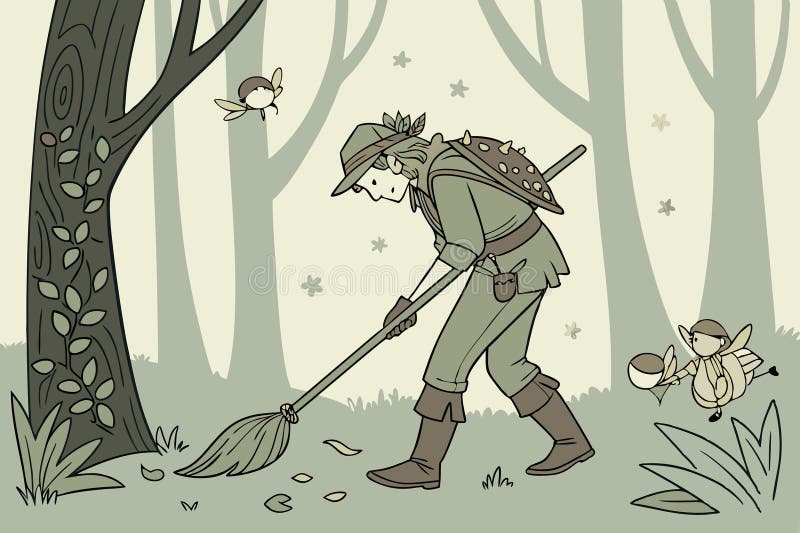 A Forest Janitor with Magical Powers, Wearing a Rustic Outfit, Cleaning ...