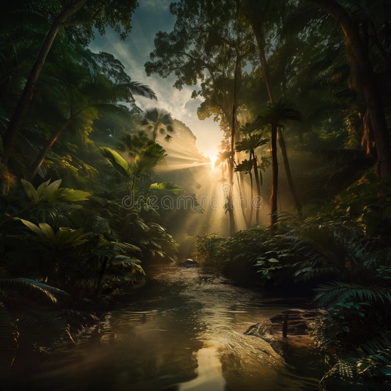 Forest Jungle Landscape with Sun Rays Stock Image - Image of natural ...