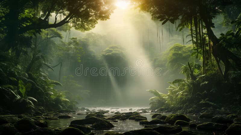 Forest Jungle Landscape with Sun Rays Stock Image - Image of forest ...