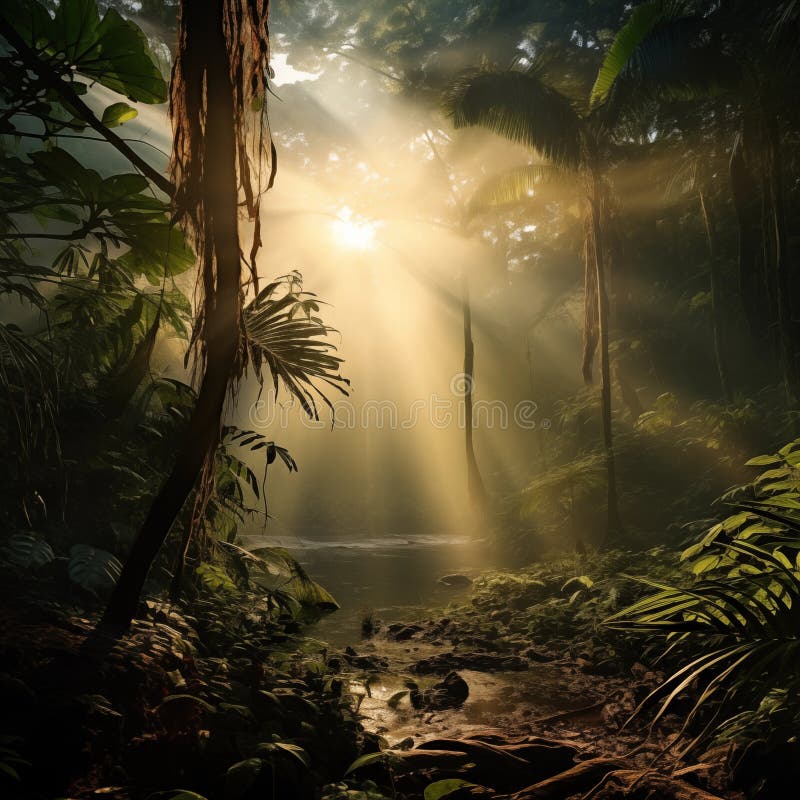 Forest Jungle Landscape with Sun Rays Stock Photo - Image of forest ...