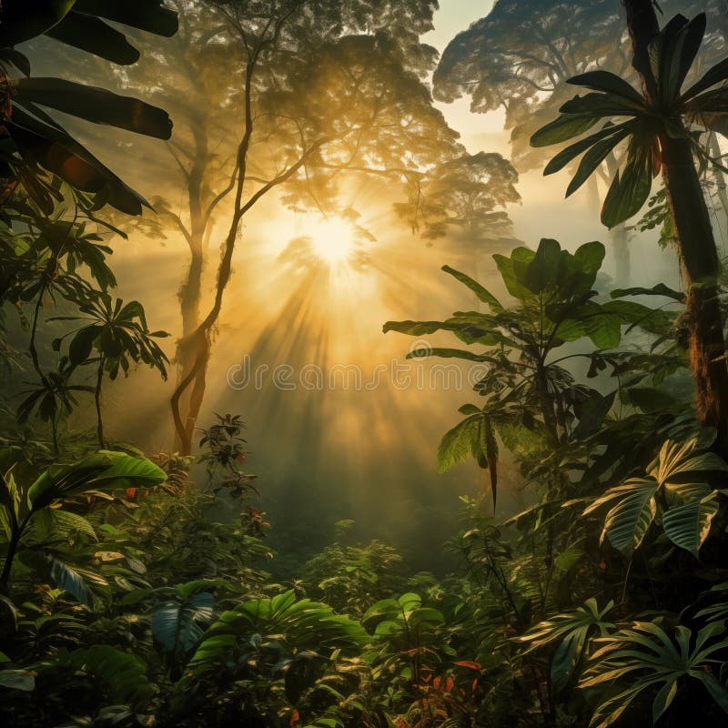 Forest Jungle Landscape with Sun Rays Stock Photo - Image of natural ...