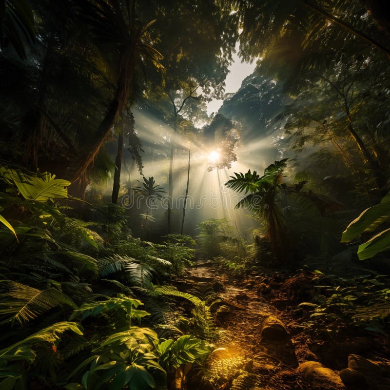 Forest Jungle Landscape with Sun Rays Stock Image - Image of nature ...