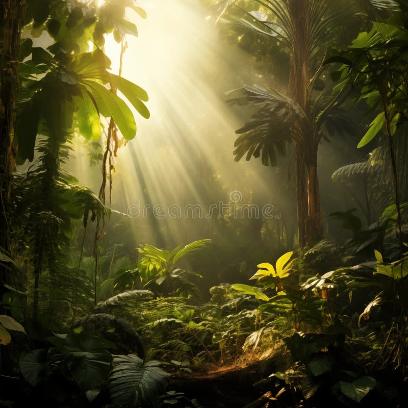Forest Jungle Landscape with Sun Rays Stock Photo - Image of tropic ...