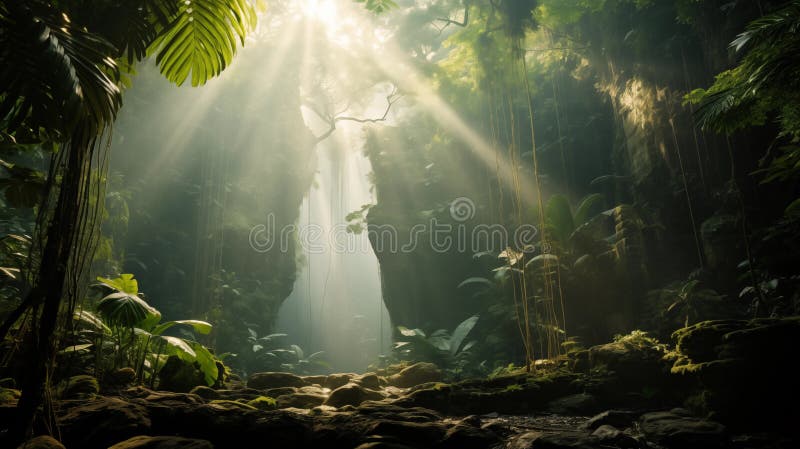 Forest Jungle Landscape with Sun Rays Stock Photo - Image of sunlight ...