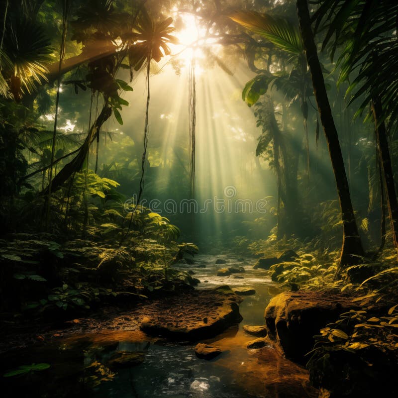 Forest Jungle Landscape with Sun Rays Stock Image - Image of tropic ...