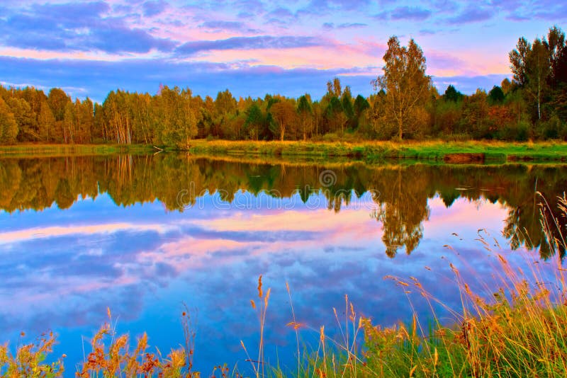 Forest Lake in the Fall at Sunset. Stock Photo - Image of bright ...