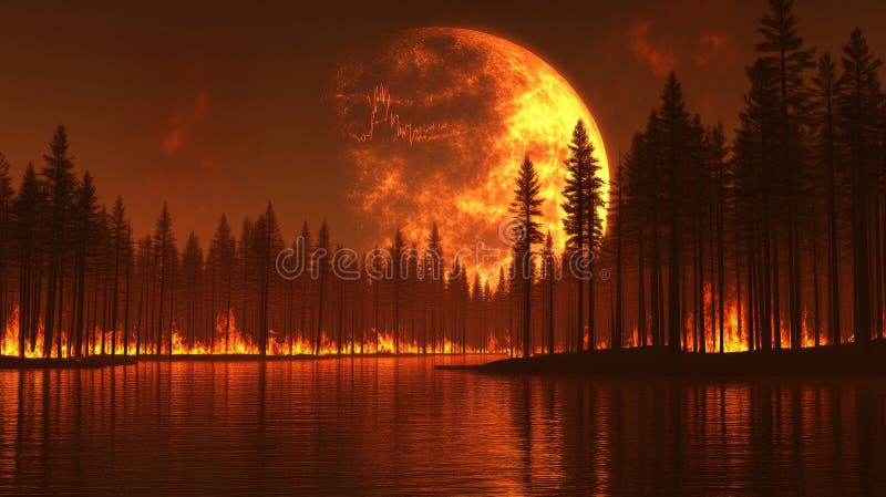 Forest Lake at Night, Illuminated by a Deep Crimson Moon Stock Photo ...