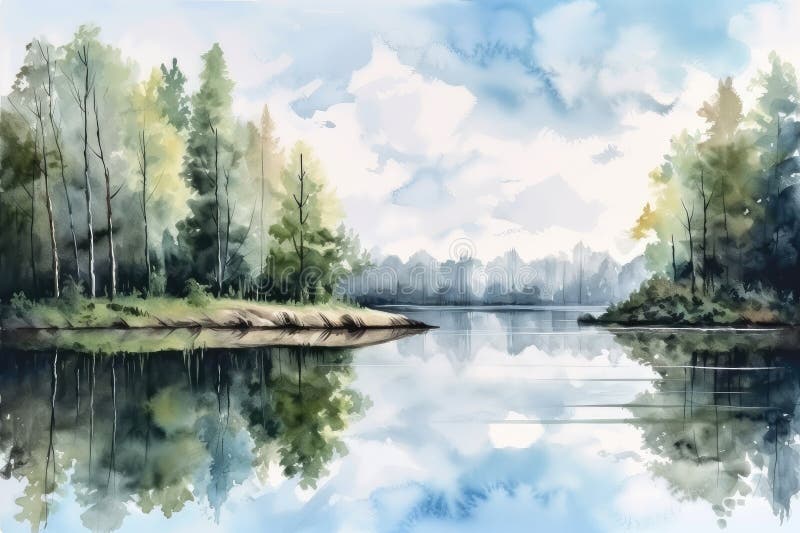 Forest Lake with Reflection of the Trees and Sky, Painted in Watercolor ...