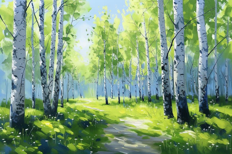 Forest Landscape of Birch Trees in Spring, Painting. Generative AI ...