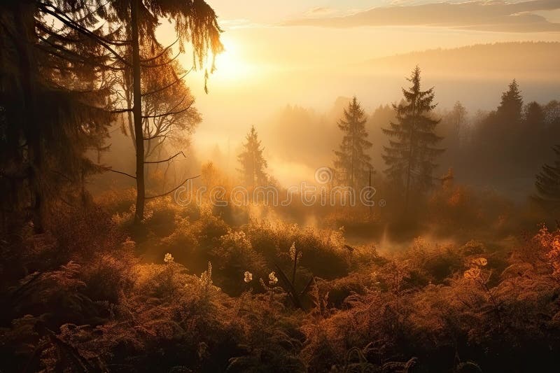 Forest Landscape with Misty Morning Light, with View of the Sunrise ...