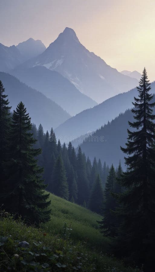 Forest Landscape with Misty Mountains at Dusk, Fog, Dusk Stock ...