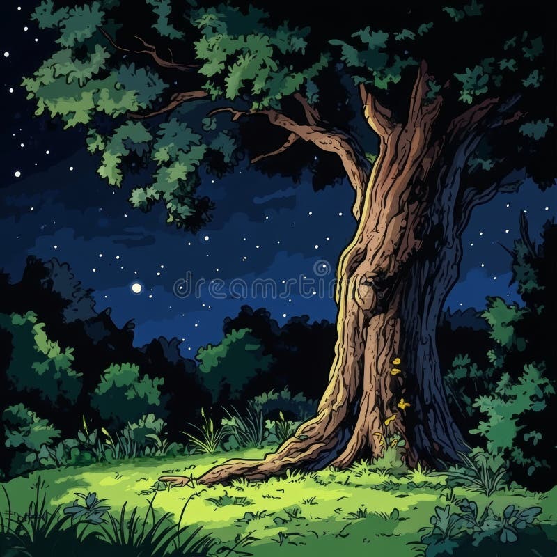 A Forest Landscape at Night with a Big Tree Illustration in Nature ...