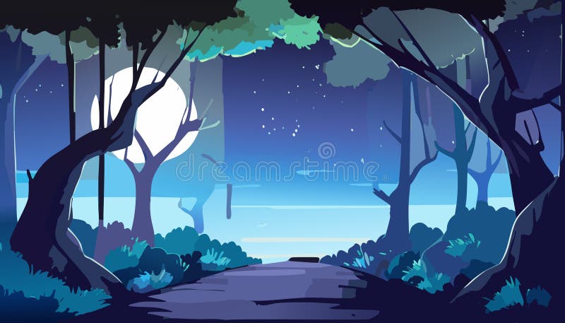 Forest Landscape at Night, Vector Illustration. Cartoon Forest at Night ...