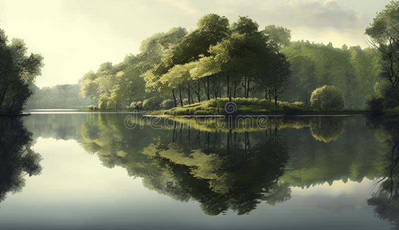 Forest Landscape Reflection on Tranquil Green Pond ,generative AI Stock ...