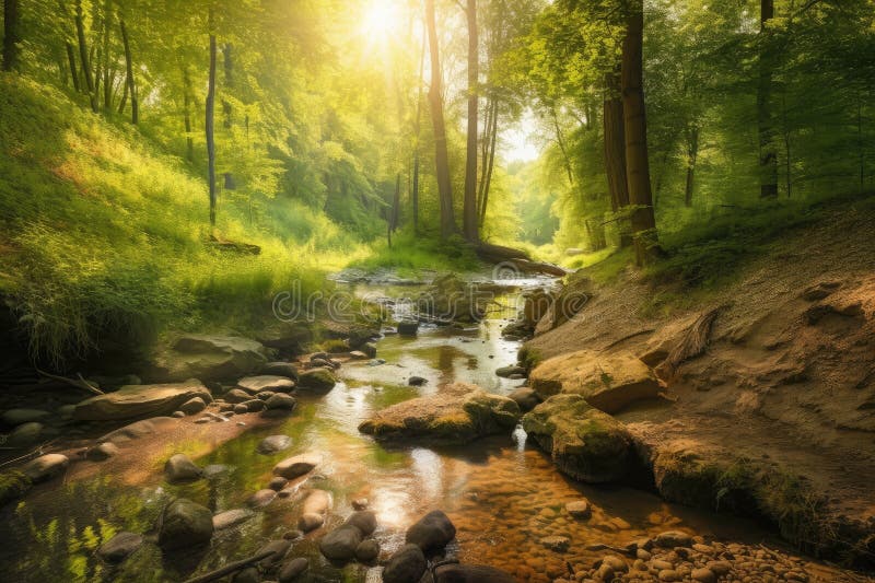 Forest Landscape with Stream, Sunlight Filtering through the Trees ...