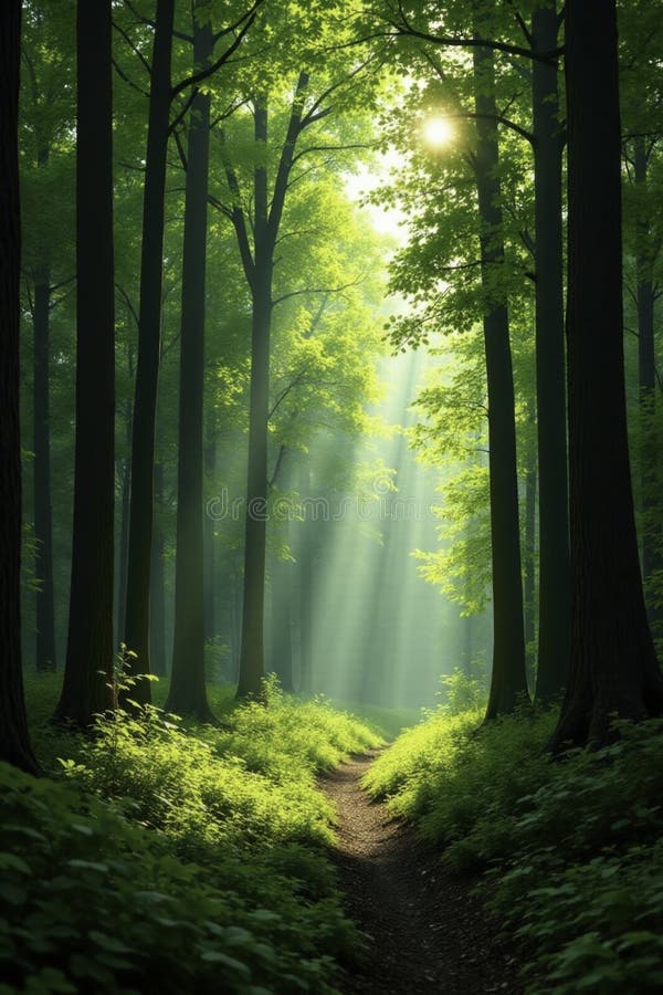 Forest Landscape with Tall Trees and Sunlight Filtered through Leaves ...