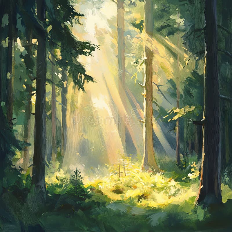 Forest Landscape with Trees and Sun Rays. Digital Painting. Vector ...