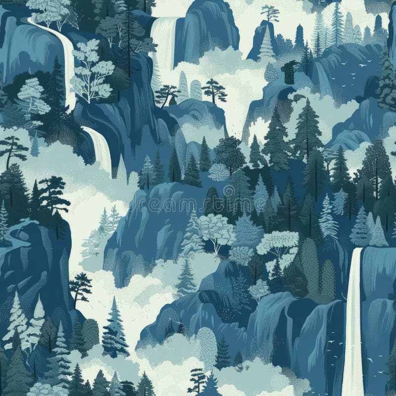 Forest Landscape with Waterfalls. Seamless Pattern Stock Photo - Image ...