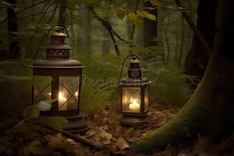 Forest with Lantern and Candlelight, Creating a Serene Setting Stock ...