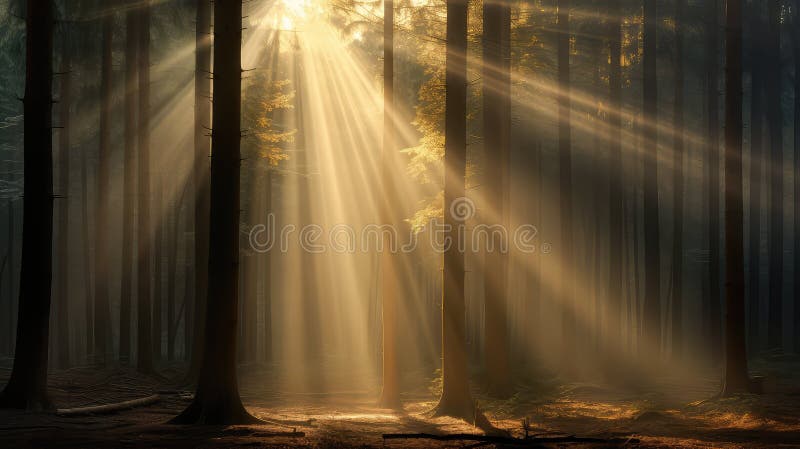 Forest light beams stock illustration. Illustration of nature - 373592159