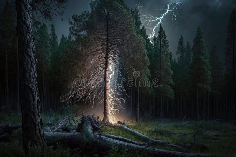 A Forest with a Lightning Bolt Striking a Tree. Generative AI Stock ...