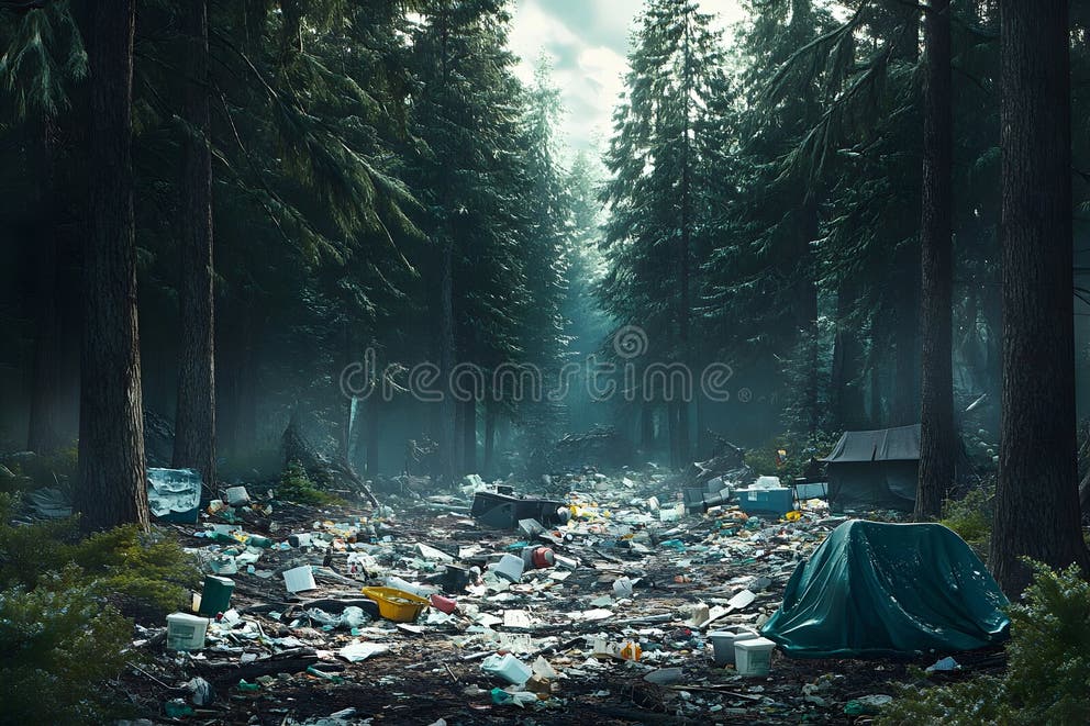 Forest Littered with Trash and Abandoned Tents Under Tall Trees Stock ...