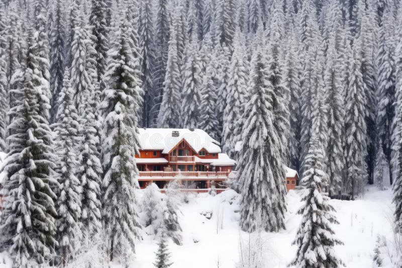 Forest Lodge Nestled among Evergreen Trees Blanketed in Snow Stock ...