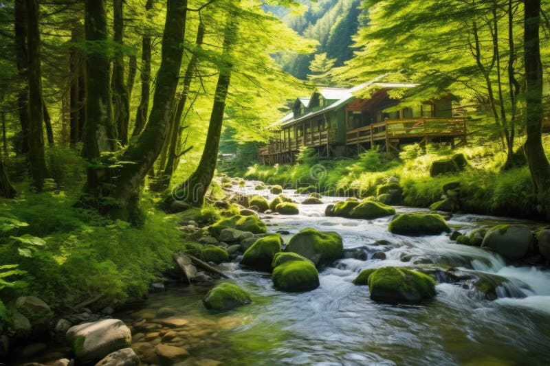 A Forest Lodge Next To a Sparkling Mountain Stream Stock Photo - Image ...