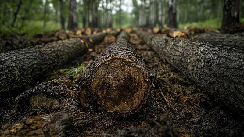 Forest Logging Action Tree Trunks Aligned in Rows Natural Environment ...
