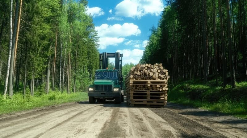 Forest Logging Operation with Forklift Transporting Timber Along Dirt ...