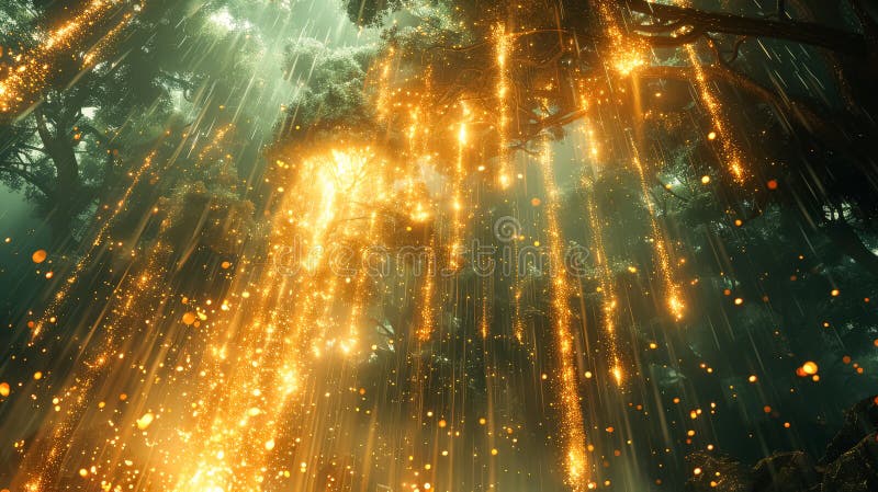 A Forest with a Lot of Gold Glitter Falling from the Sky Stock Image ...