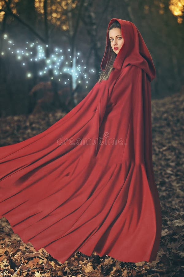 Beautiful Woman with Red Cloak in the Woods Stock Photo - Image of coat ...