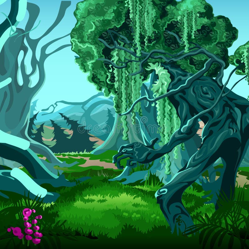 Forest of Magic. Moving Trees. Vector Cartoon Close-up Illustration ...