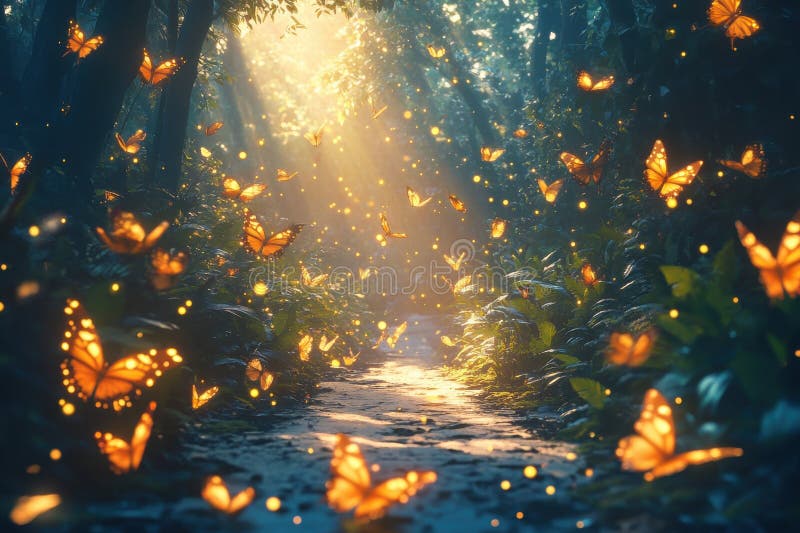 A Forest with Many Butterflies Flying Around Stock Image - Image of ...