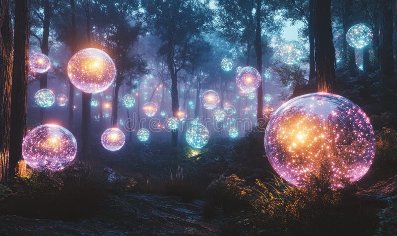 A Forest with Many Glowing Orbs Stock Illustration - Illustration of ...