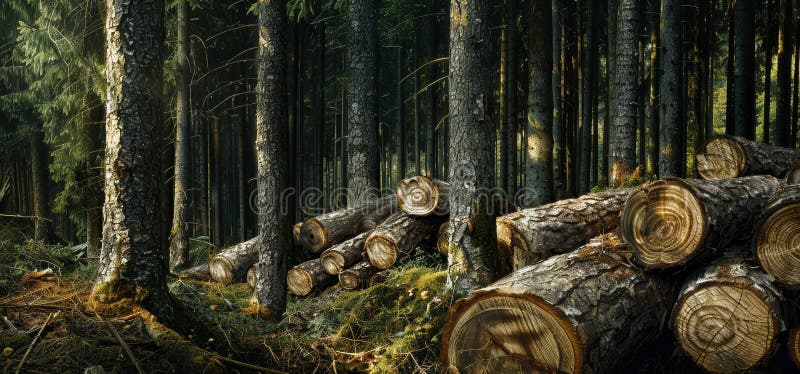 A Forest with Many Trees and Logs Stock Image - Image of woodpile ...