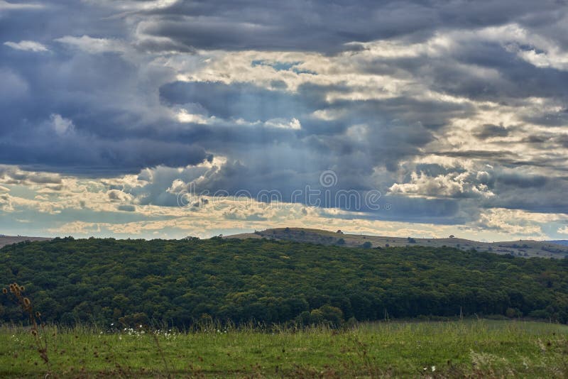 Forest and Meadows in a Cloudy Day with Sun Beams Stock Image - Image ...